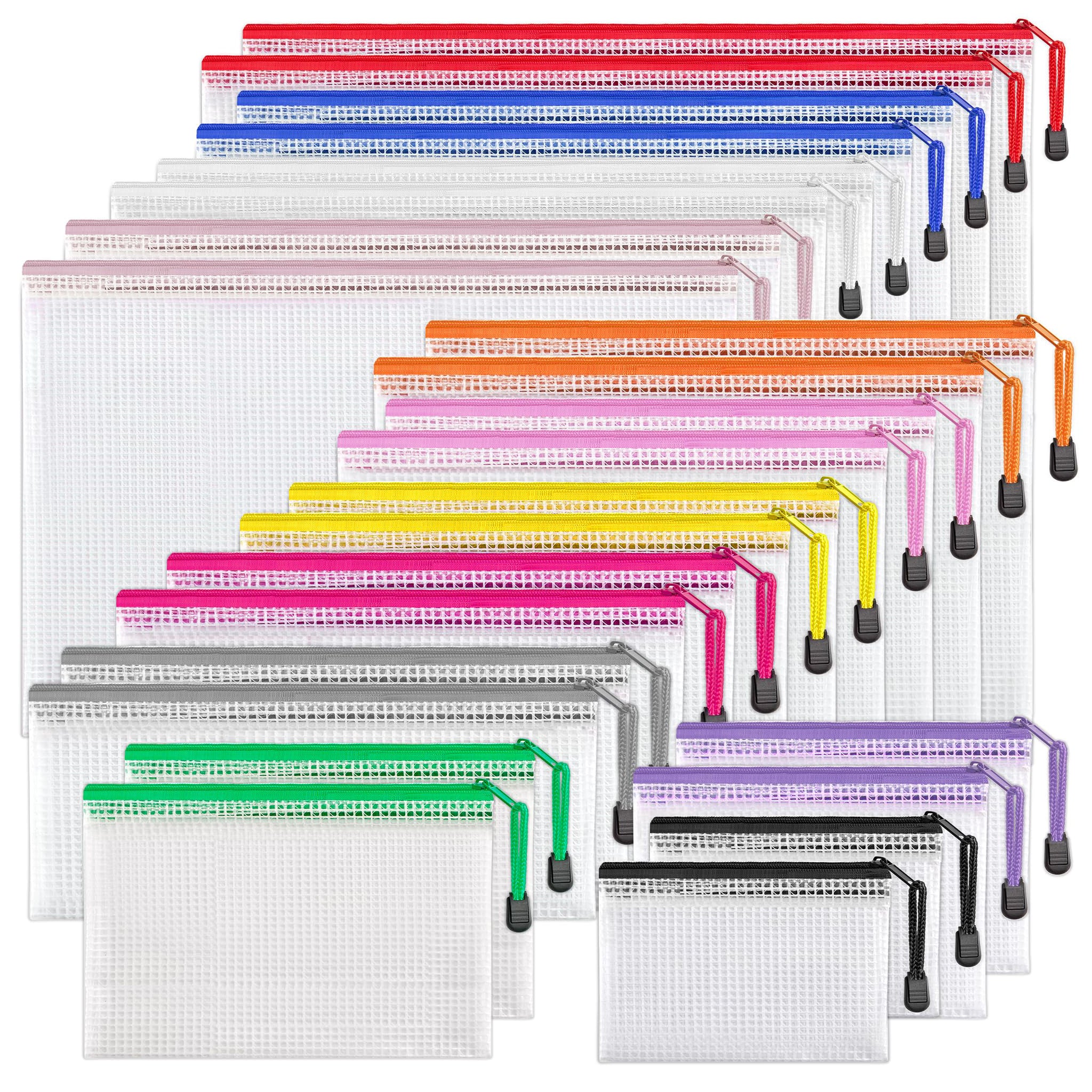 JARLINK 24pcs Mesh Zipper Pouch 12 Colors, 8 Sizes Waterproof Zipper B