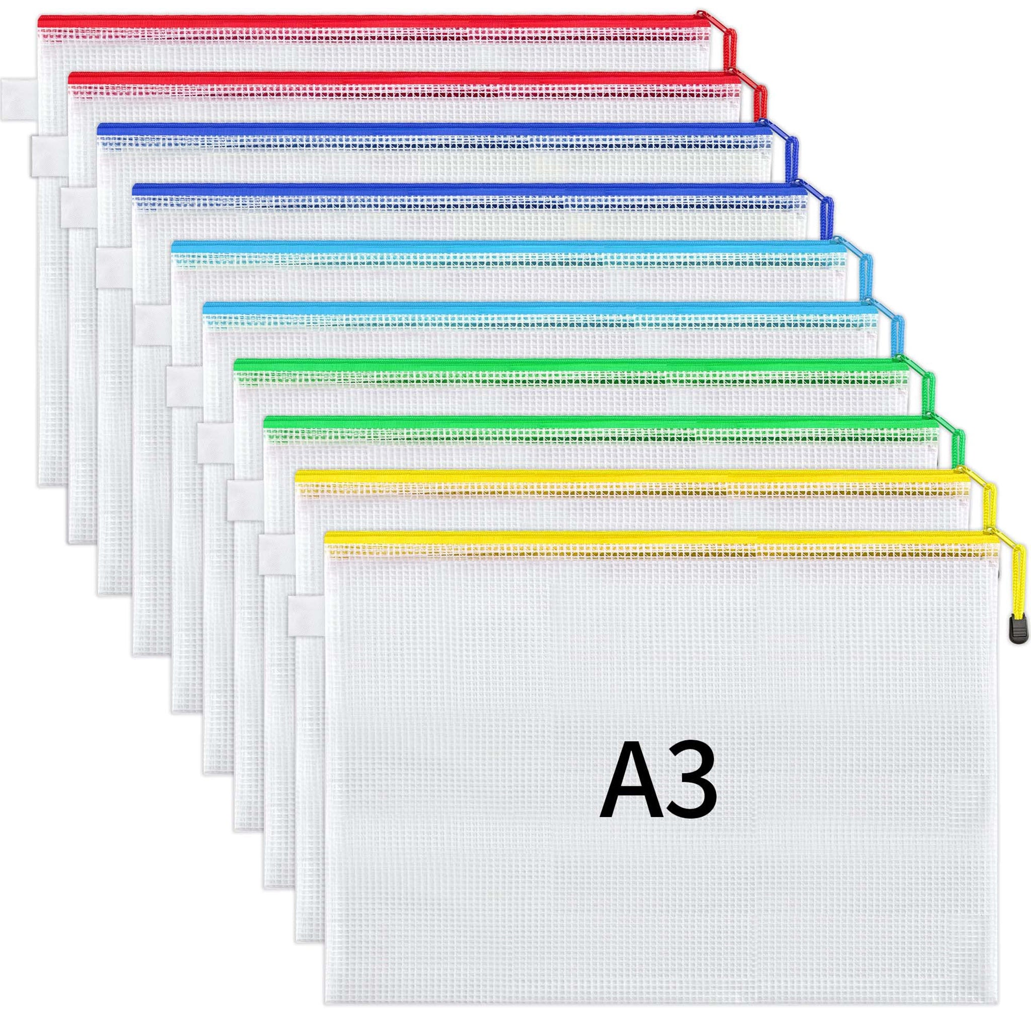 JARLINK 10 Pcs A3 Mesh Zipper Document Pouch, 10 Colors, Waterproof Pl